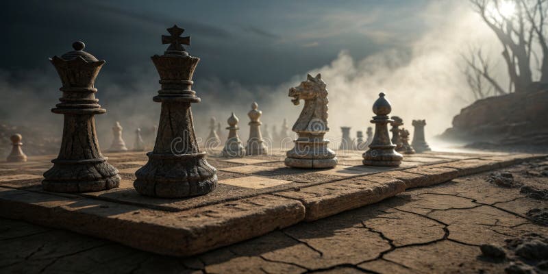 Chess Pieces Stand on a Cracked Earth Landscape Under a Moody Sky at ...