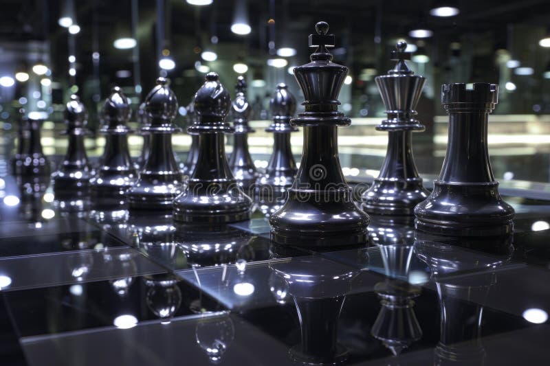 Chess Pieces Stand on a Glossy Chessboard with Reflection Stock Image ...