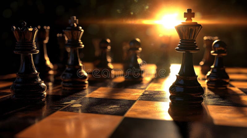 Chess Pieces in Dynamic Arrangement Illuminated by Sunset Glow at a ...