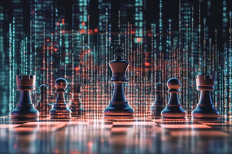Chess Pieces Standing on Chessboard with Digital Binary Code Background ...