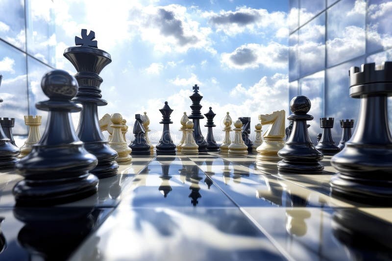 Chess Pieces Standing on a Reflective Board Under a Bright Sky with ...