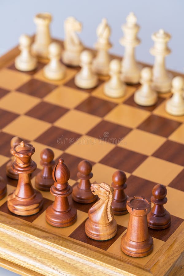 Chess Pieces in Starting Position on a Wooden Board Stock Image - Image ...