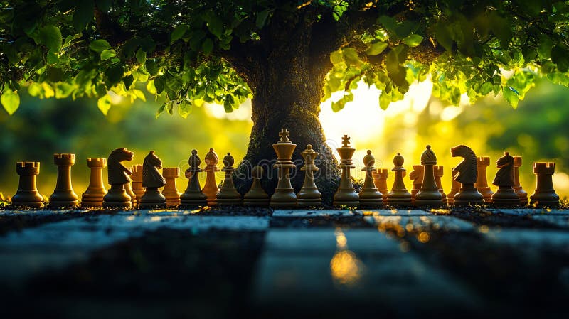 Chess pieces under a tree stock image. Image of leaves - 332827941