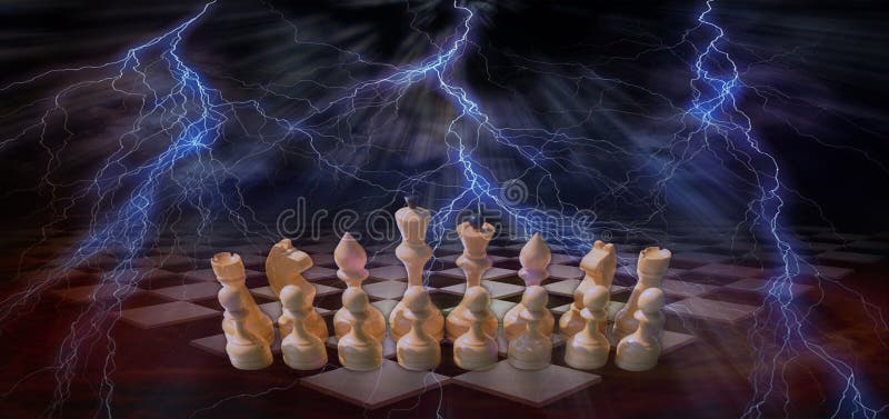 Chess Pieces of White Suit in a Row on an Endless Board with Lightning ...