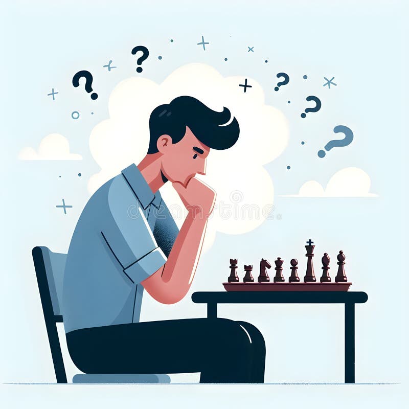 Chess Player Contemplating Strategic Move, Surrounded by Question Marks ...