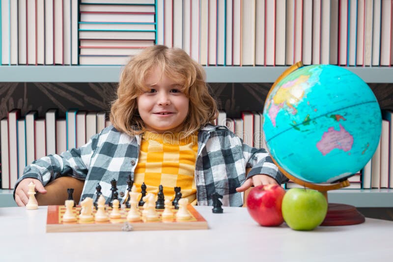 Chess School. Clever Concentrated and Thinking Kid Playing Chess. Kids ...