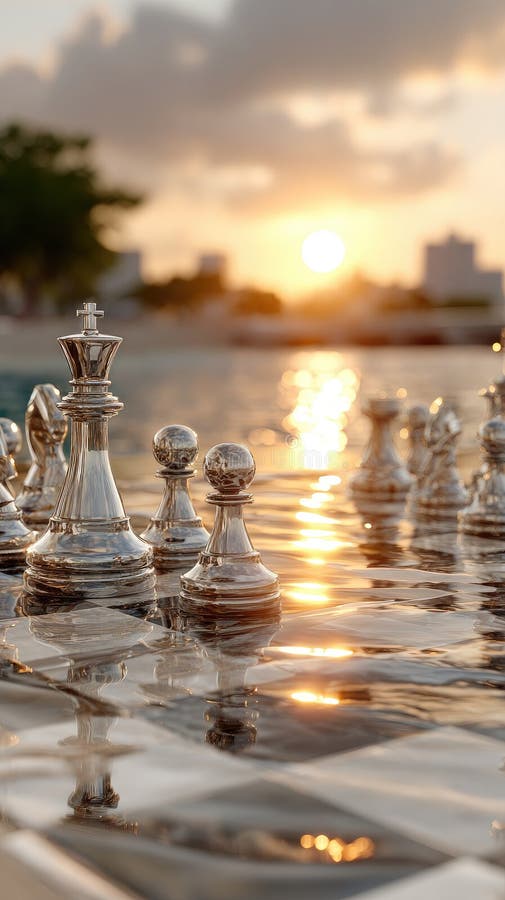 A Chess Set is Arranged on the Beach at Sunset, Casting Reflections in ...