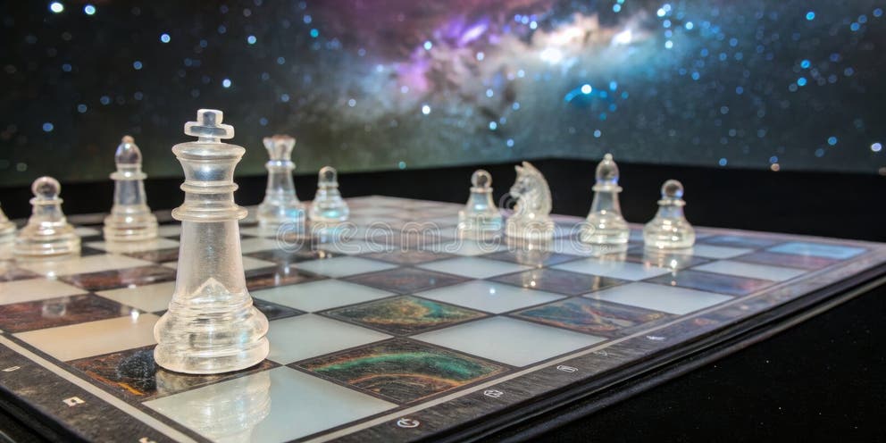 Chess Set Displayed on a Cosmic Background with Translucent Pieces ...
