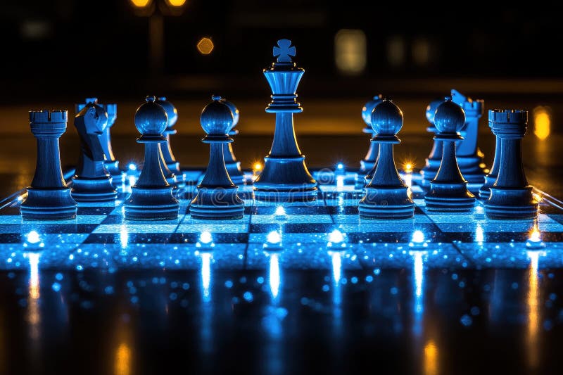Night Chess Game on Illuminated Board, Strategic Game Setup Stock ...