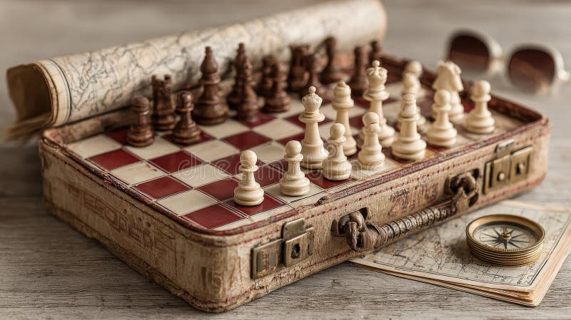 Chess Set on Suitcase with Travel Items Stock Illustration ...