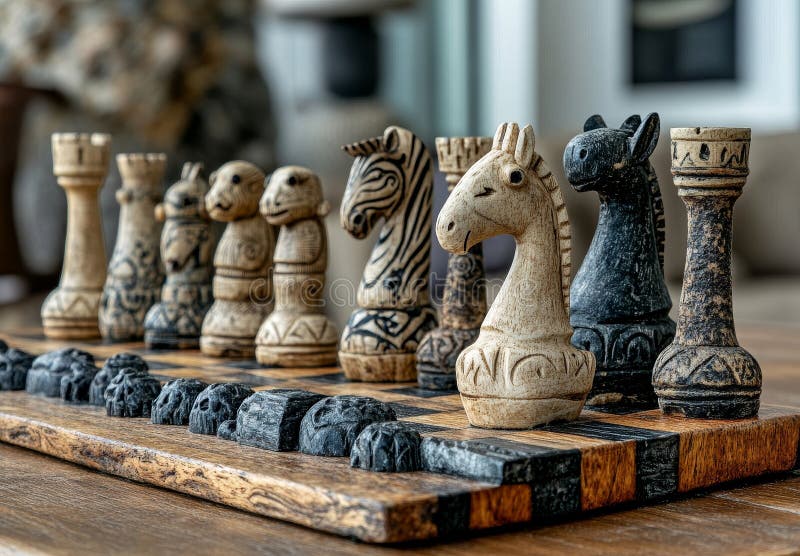 Chess is Set Up on the Table with Pieces Shaped Like Wild African ...
