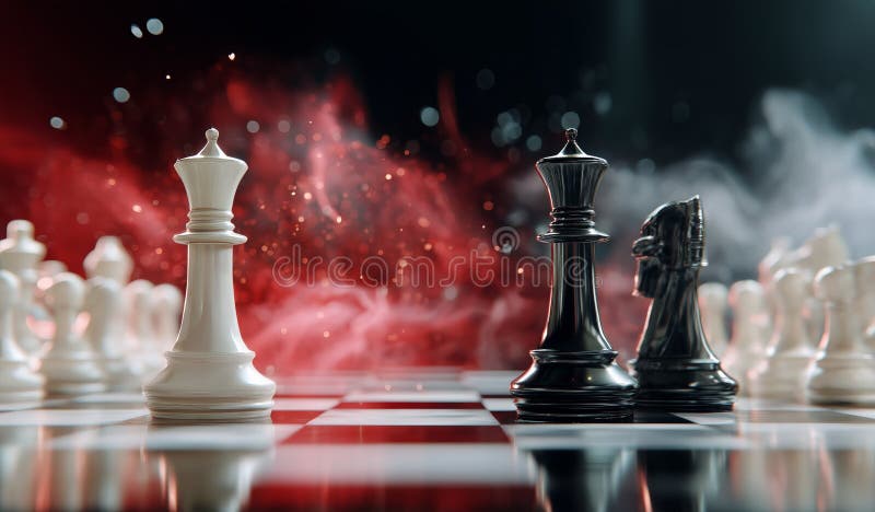 Chess Showdown between White and Black Pieces with Dramatic Lighting ...