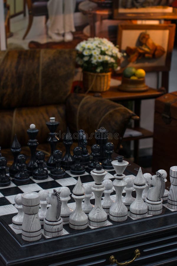 A Chess Table with Pieces. Cozy Home Interior Stock Photo - Image of ...