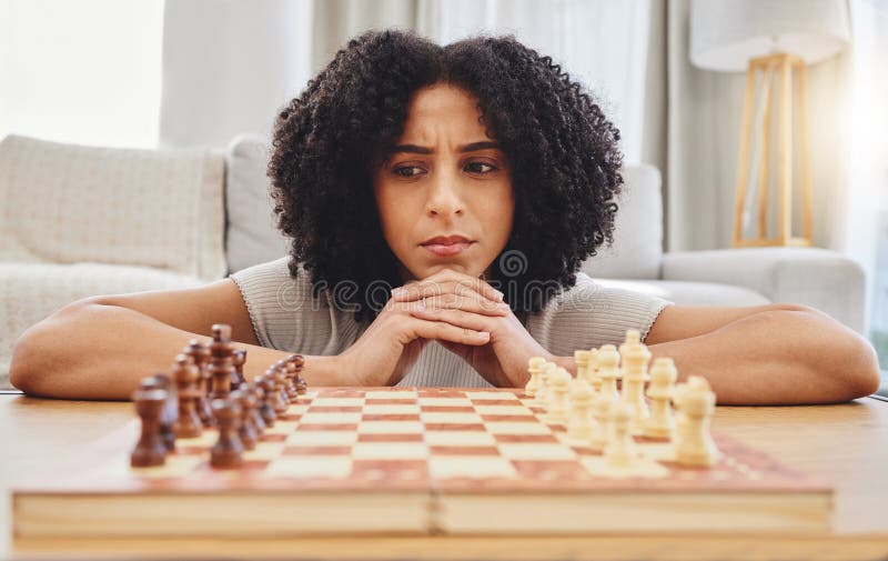 Chess, Thinking and Face of Woman with Game for Strategy, Problem ...