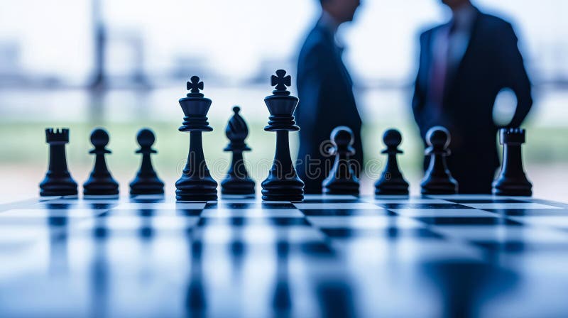 A Chessboard with Black Pieces in Focus while Two Blurred Figures in ...