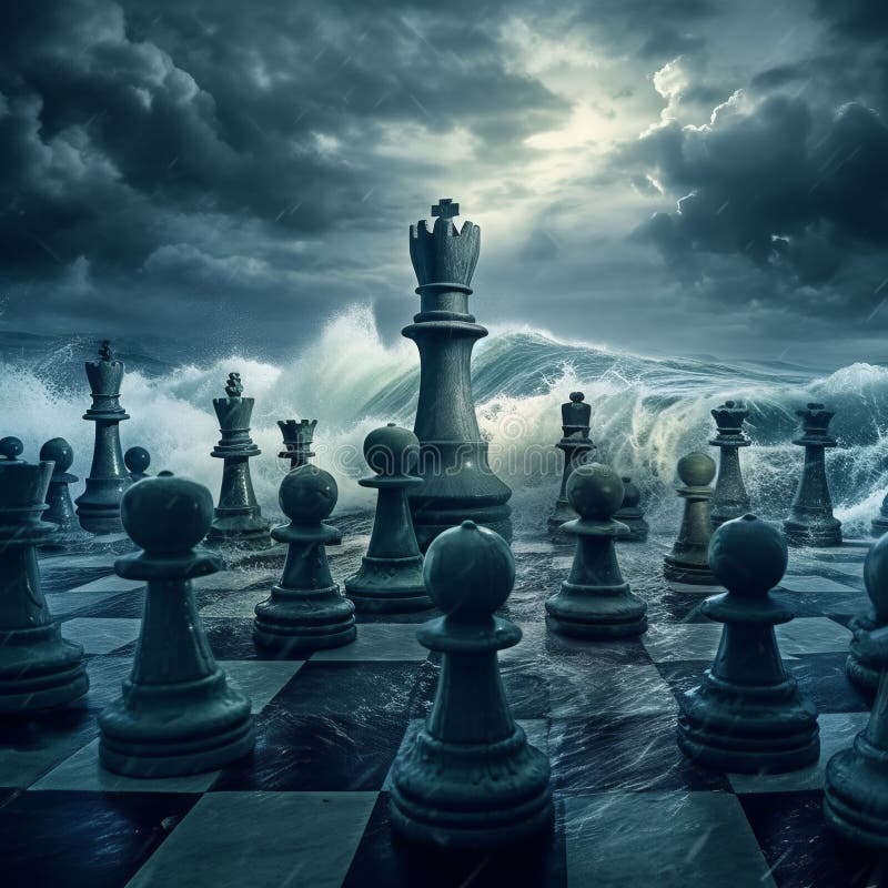 Chessboard with Chess Pieces in a Storm, with Raging Waves in the ...