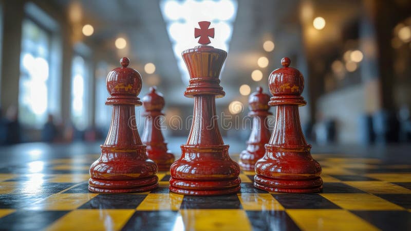 A Chessboard Featuring a Wooden King Surrounded by Black Chess Pieces ...