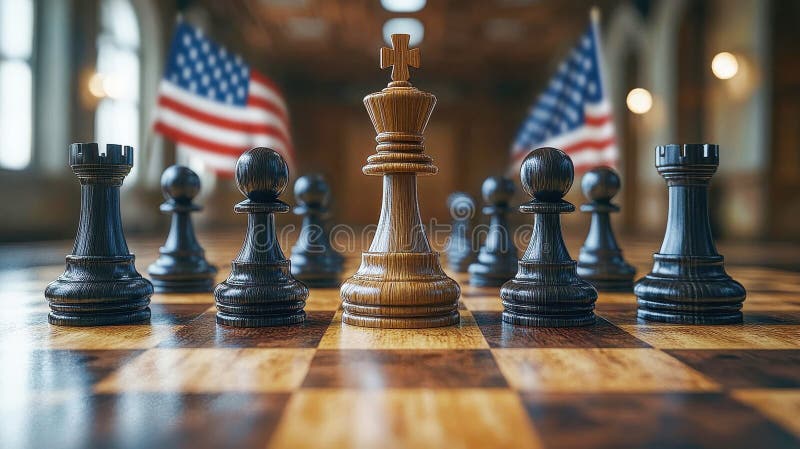 A Chessboard Featuring a Wooden King Surrounded by Black Chess Pieces ...