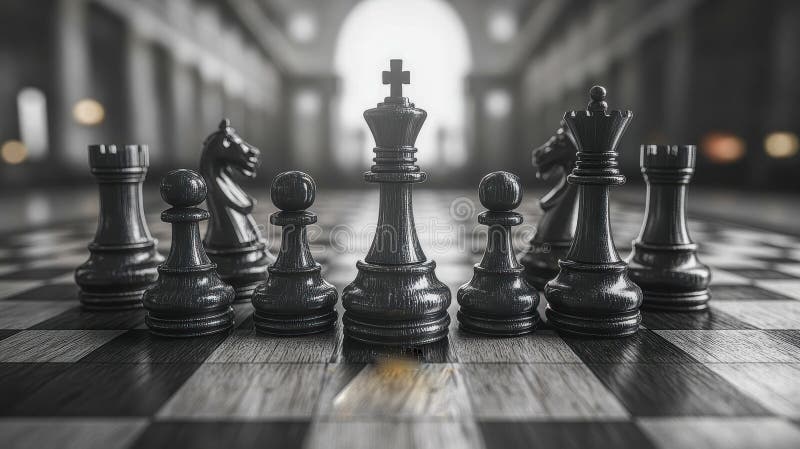 A Chessboard Featuring a Wooden King Surrounded by Black Chess Pieces ...