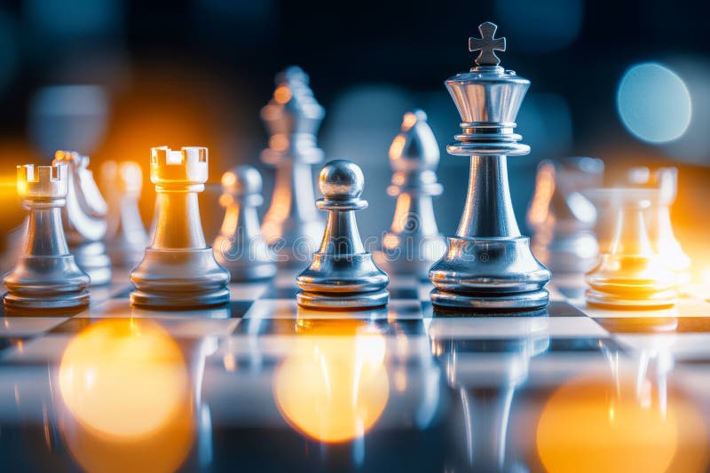 A Chessboard with Opposing Pieces Under Dramatic Lighting, Symbolizing ...