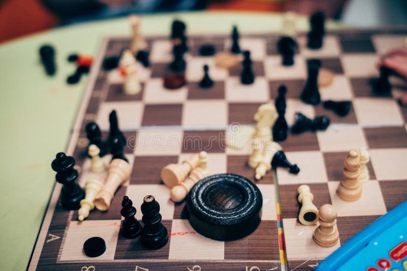 Chessboard with Scattered Chess Stock Photo - Image of defection, brown ...