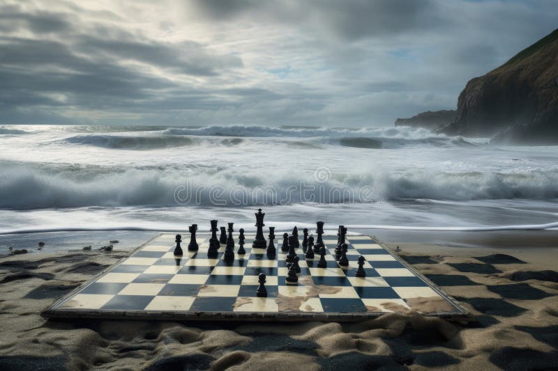 A Chessboard Set on a Sandy Beach with Waves Washing Over Stock ...