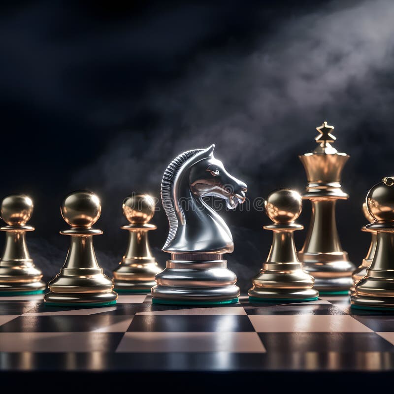 Chessboard with Silver Knight, Gold Pawns, and King, Dramatic Lighting ...