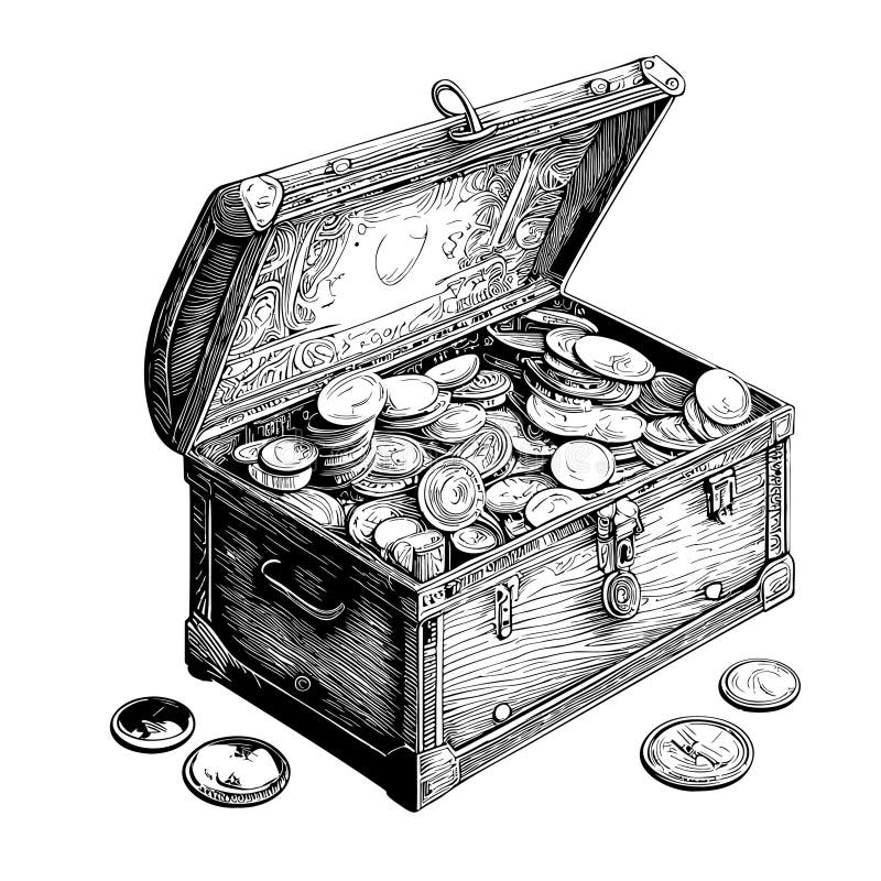 Chest with Coins Hand Drawn Sketch in Doodle Style Vector Illustration ...