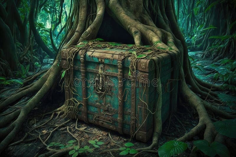 Chest Hidden in Tree Trunk Jungle Stock Illustration - Illustration of ...