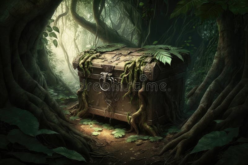 Chest Hidden in Tree Trunk Jungle Stock Illustration - Illustration of ...
