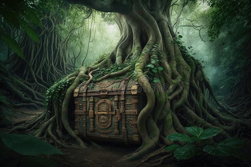 Chest Hidden in Tree Trunk Jungle Stock Illustration - Illustration of ...