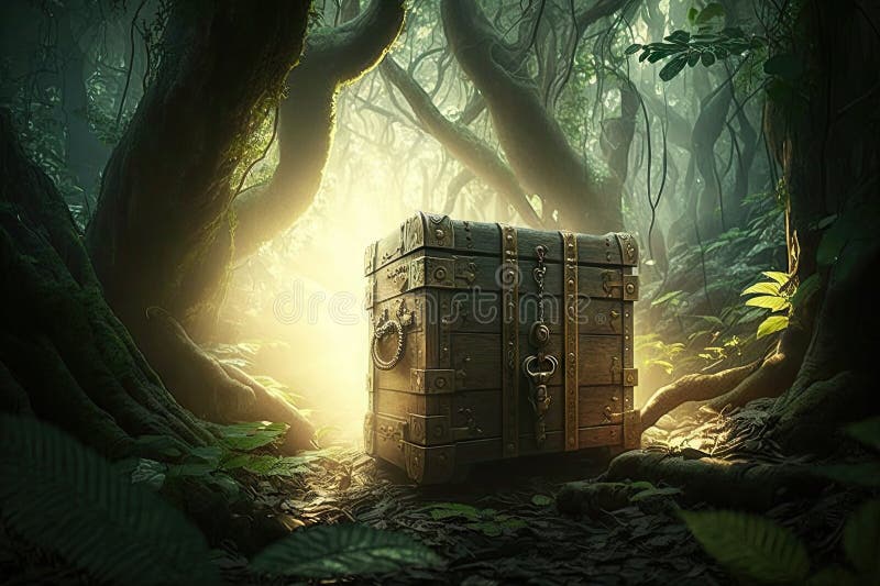Chest in the Jungle among Tree Trunks and Light Rays Stock Illustration ...