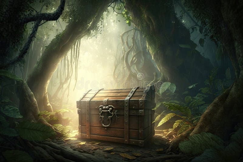 Chest in the Jungle among Tree Trunks and Light Rays Stock Illustration ...