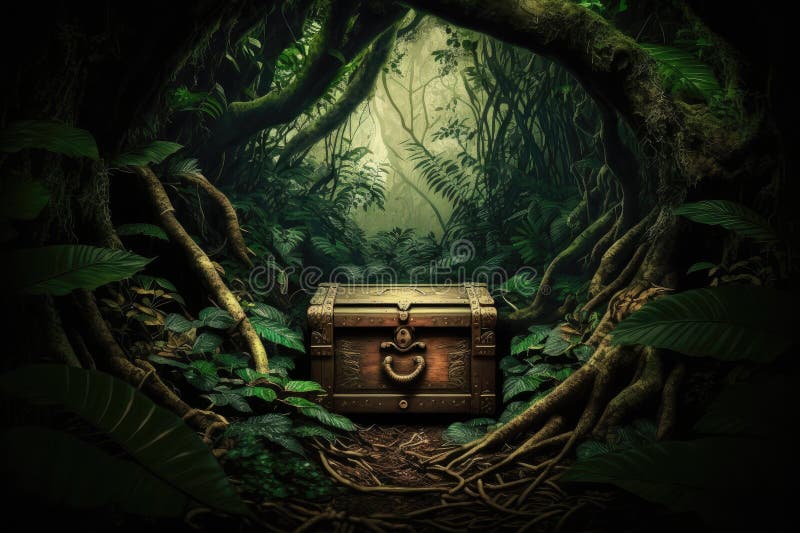 Chest Lying between Branches of Trees in Dark Jungle Stock Illustration ...