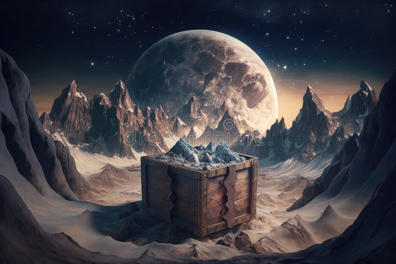 Chest on the Moon Against Backdrop of Lunar Landscape with Mountains ...