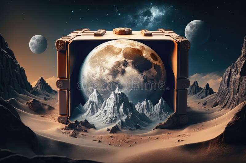 Chest on the Moon Against Backdrop of Lunar Landscape with Mountains ...
