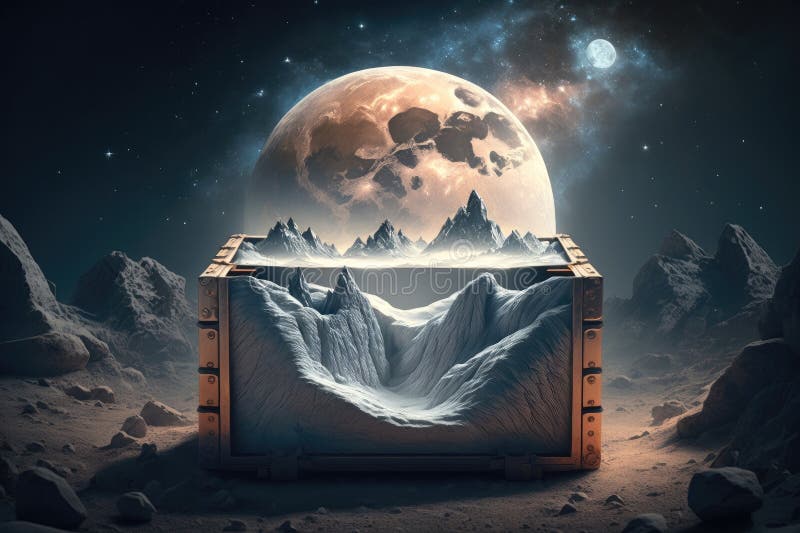Chest on the Moon Against Backdrop of Lunar Landscape with Mountains ...