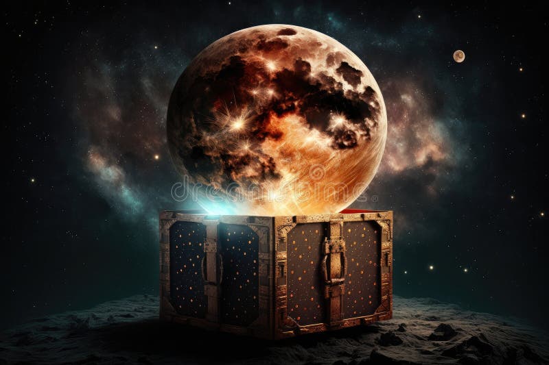 Chest on the Moon in Cosmic Space Against Backdrop of Bright Stars ...