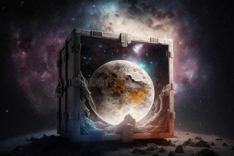 Chest on the Moon in Cosmic Space Against Backdrop of Bright Stars ...