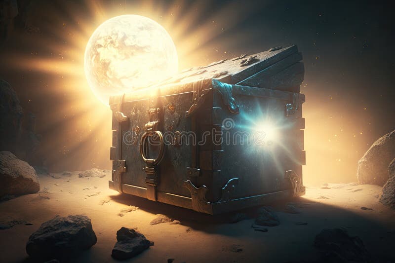 Chest on the Moon Lying in Light Rays of Sun Stock Illustration ...