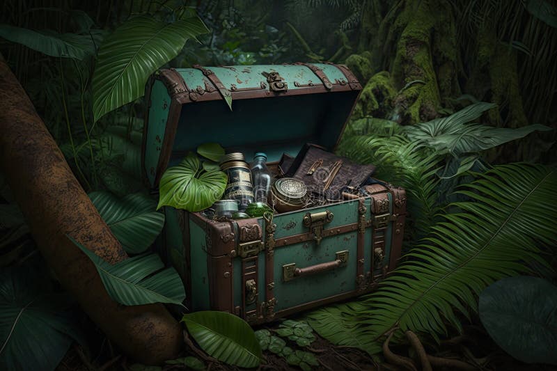 Chest with Old Stuff and Boxes in the Jungle Stock Illustration ...