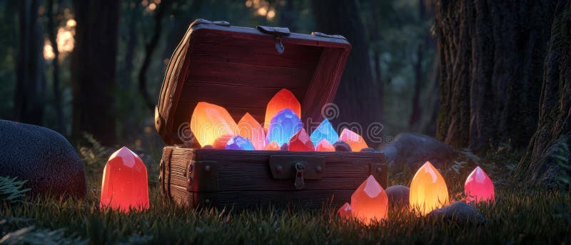A Chest of Treasure in a Forest, Glowing with Various Colored Gems ...