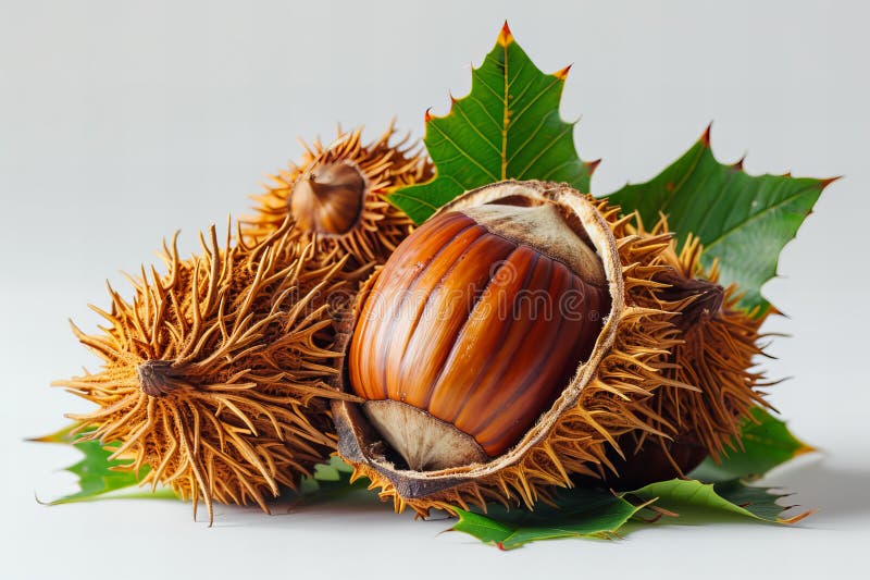 A Chestnut with Green Leaves and an Open Shell, Showing the Inside of ...