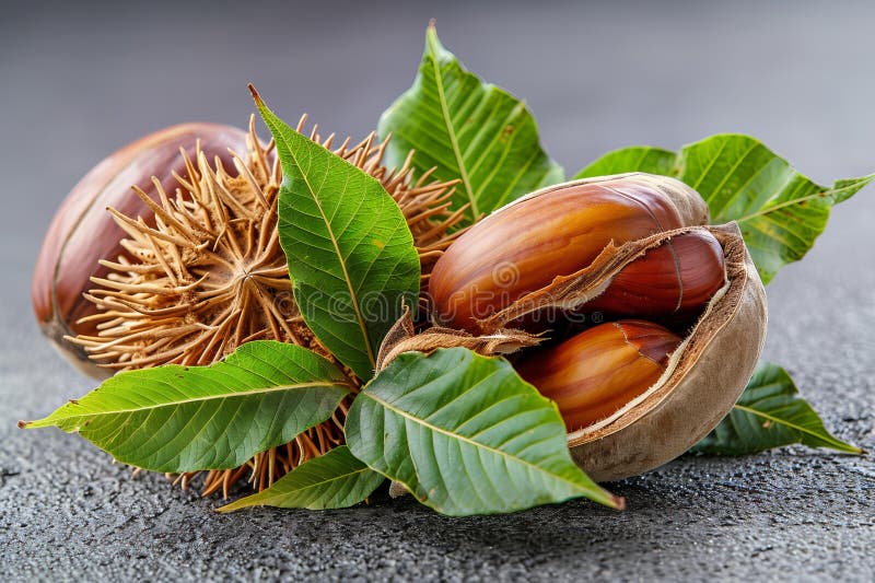 A Chestnut with Green Leaves and an Open Shell, Showing the Inside of ...
