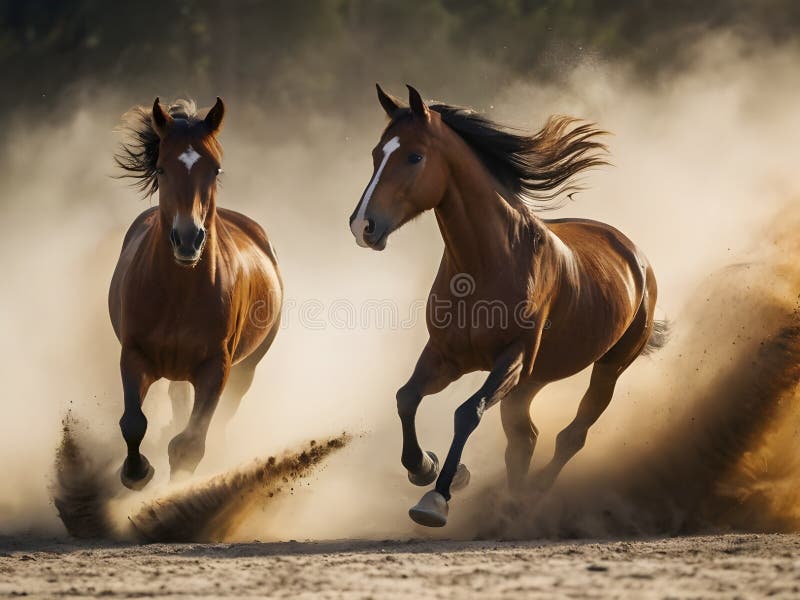 Chestnut Horses Kick Up Dust in a Wild Run. Stock Image - Image of ...