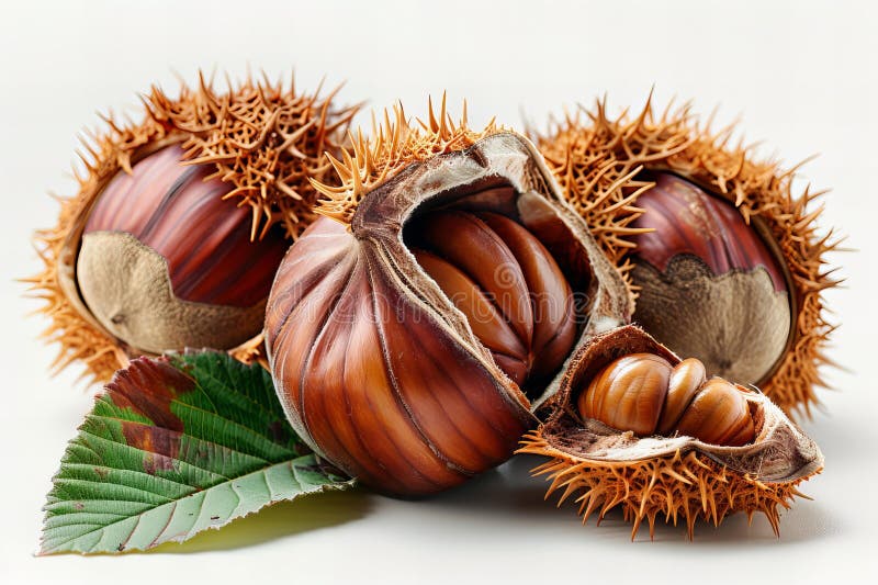 A Chestnut with Three Brown Shells and Green Leaves, Opened To Reveal ...