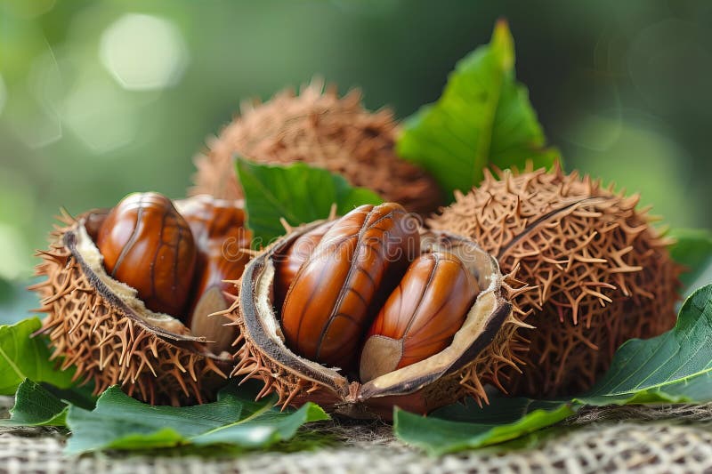 A Chestnut with Three Brown Shells and Green Leaves, Opened To Reveal ...