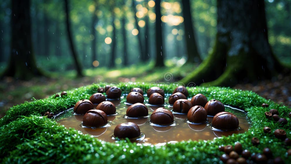 Acorns in a Forest Puddle after Rain Stock Illustration - Illustration ...