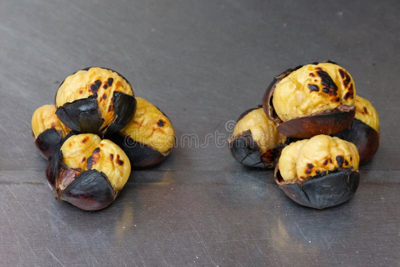 Chestnuts Roasted on the Metallic Pan Background Stock Photo - Image of ...