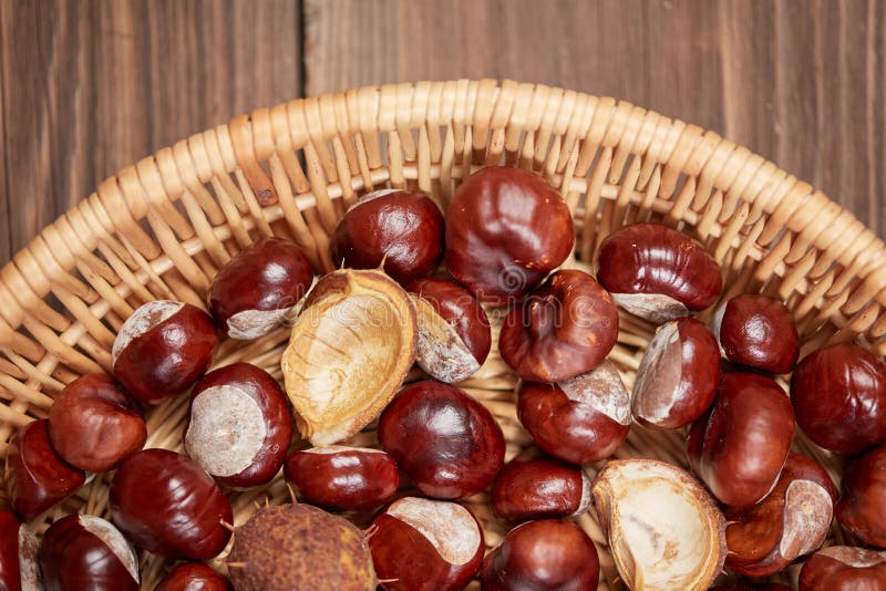 Chestnuts on a Wooden Table Top View Stock Image - Image of yellow ...